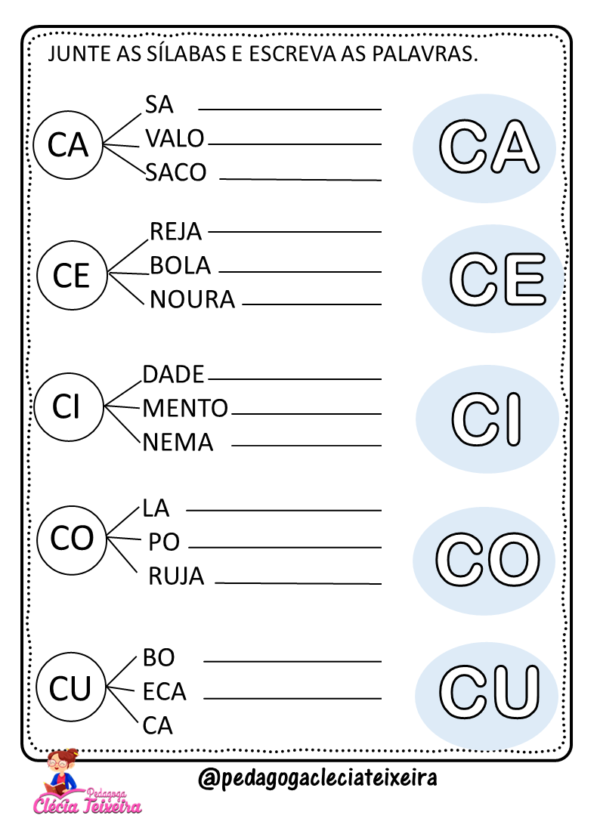 Atividades de alfabetização sílabas letras B C D F G H